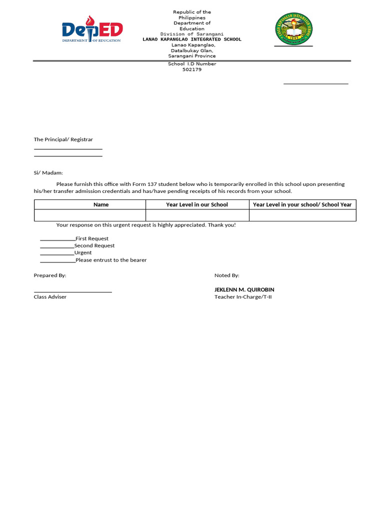 Request for Form 137 Submission | PDF