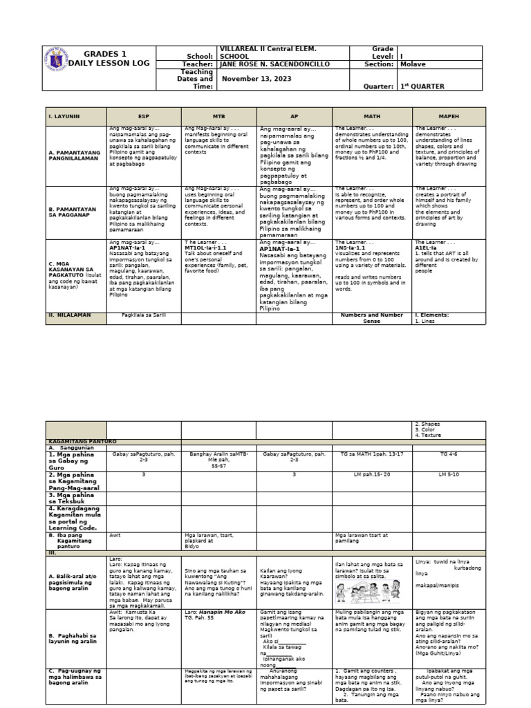 Grade 1 DLL All Subjects Q1 Week 1 Day 3 | PDF