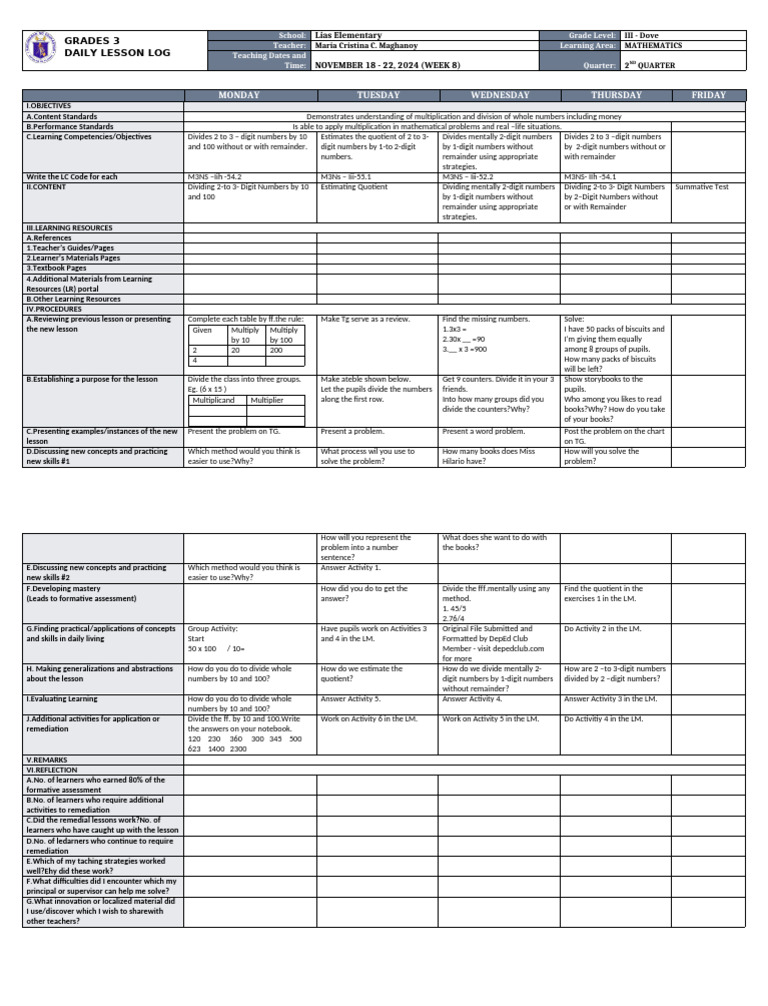 DLL Mathematics 3 q2 w8 | PDF | Learning | Cognitive Science