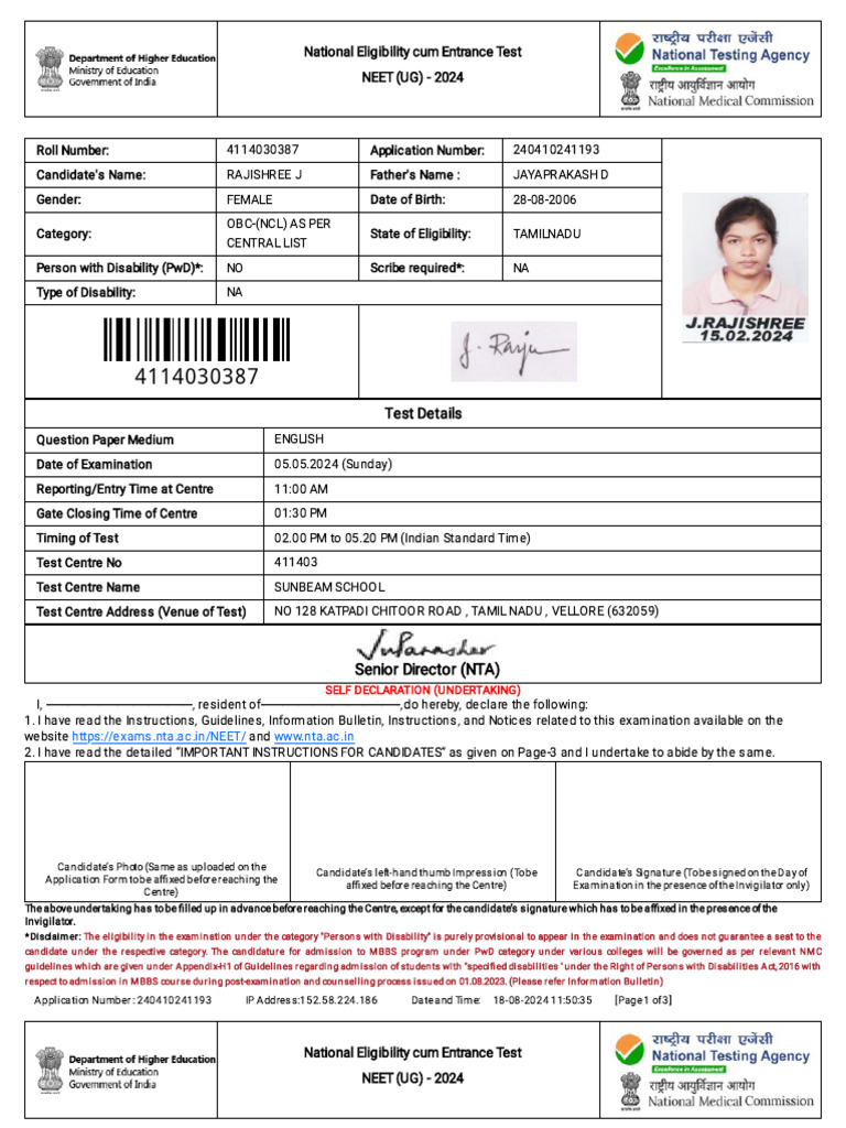 NEET 2024 Admit Card Instructions | PDF | Identity Document