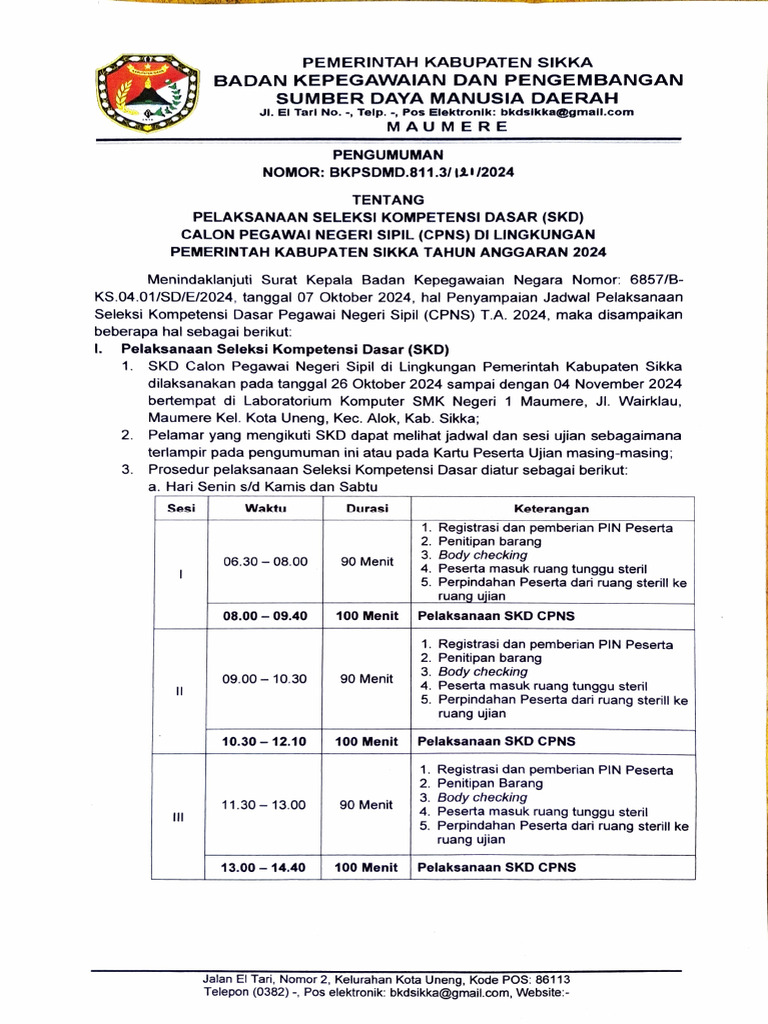 Pengumuman Pelaksanaan SKD CPNS 2024 | PDF