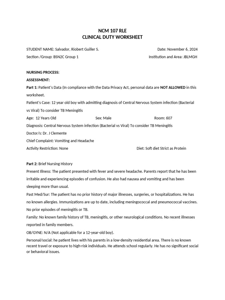 NCM 107 RLE Clinical Duty Worksheet | PDF | Meningitis | Diseases And ...