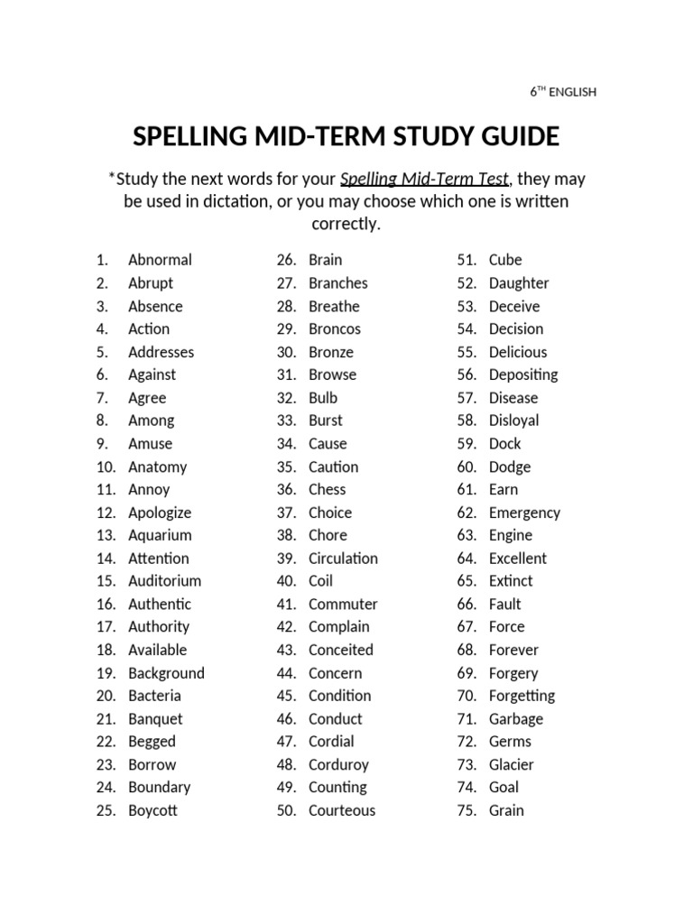 Spelling Mid-Term Study Guide | PDF | Organisms