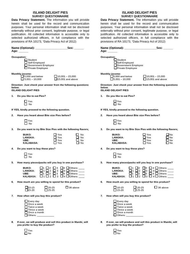 Island Delight Pies Survey Questionnaire | PDF | Self-Improvement ...