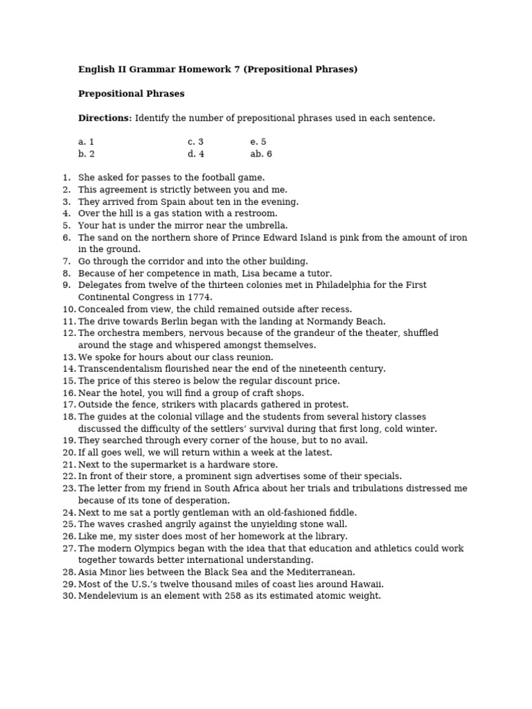 Prepositional Phrases Grammar Exercise | PDF