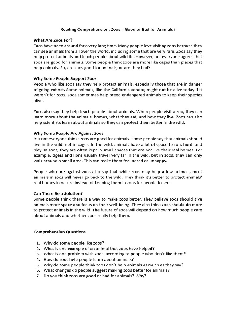 2 Reading Comprehension Adaptada - Zoos | PDF | Zoo