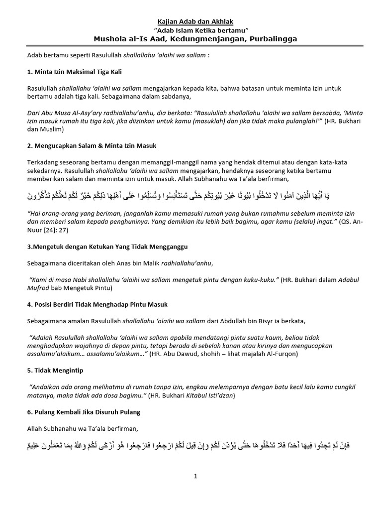 Adab Bertamu Dengan Cara Nabi Shallallahu'alaihi Wassalam | PDF