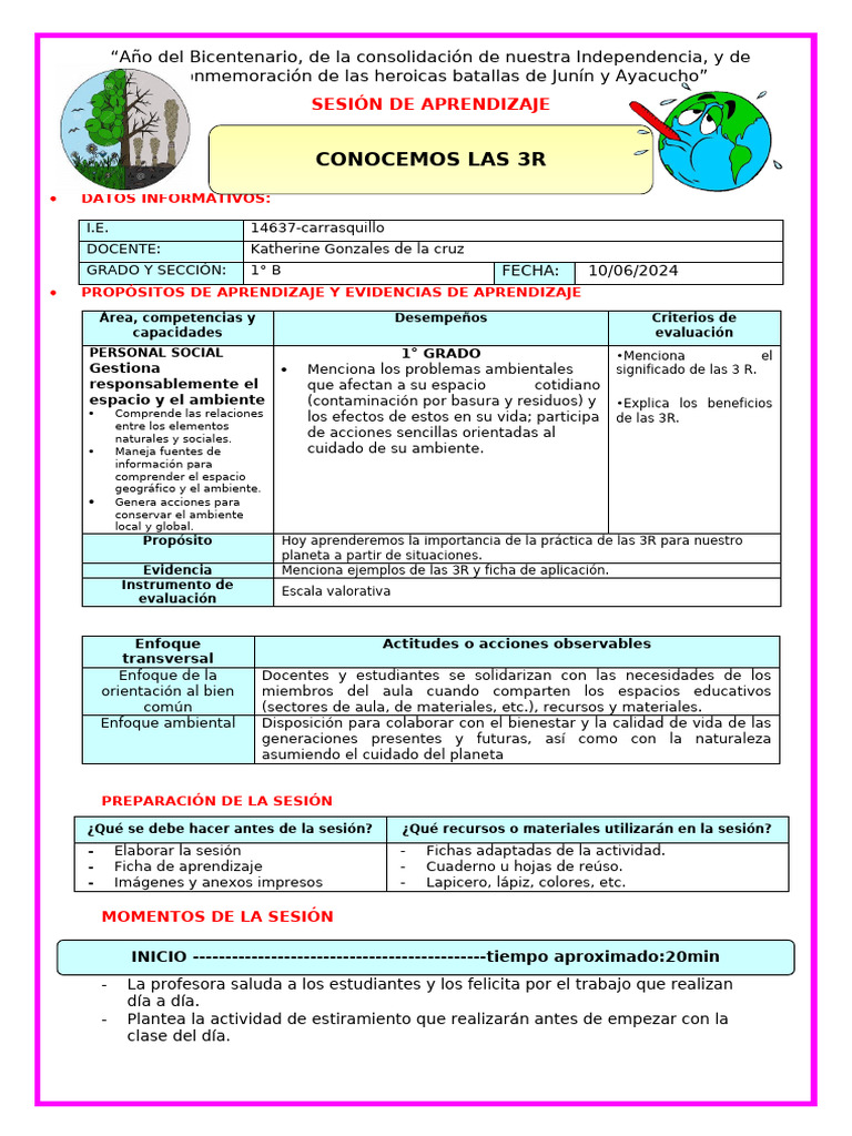 1º U3 S5 Sesion D1 PS Conocemos Las 3R | PDF | Evaluación | Aprendizaje