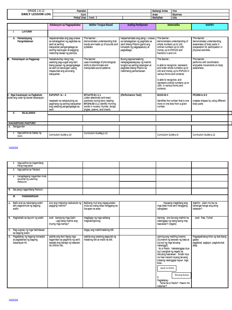 Grade 1 DLL All Subjects Q1 Week 3 Day 5 - e | PDF