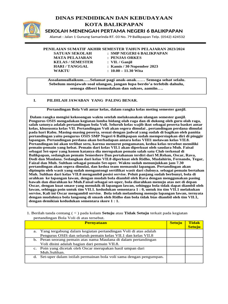 Soal Bola Voli Vii Model Akm Sas Ganjil 2023-2024 | PDF