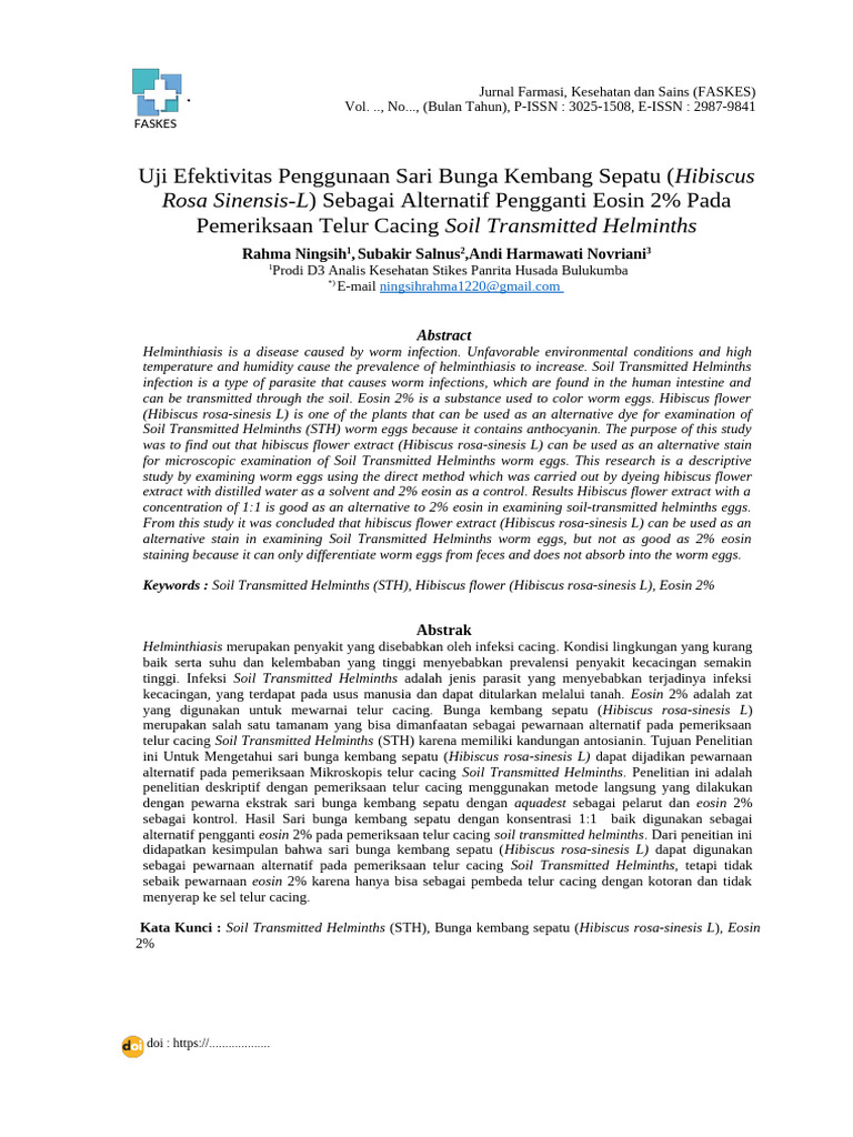 Jurnal Penggunaan Ekstrak Bunga Kembang Sepatu Sebagai Pengganti Eosin 2% Pada Pemeriksaan Telur ...