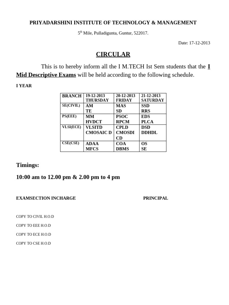 This Is To Hereby Inform All The I M.TECH Ist Sem Students That The Will Be Held According To ...
