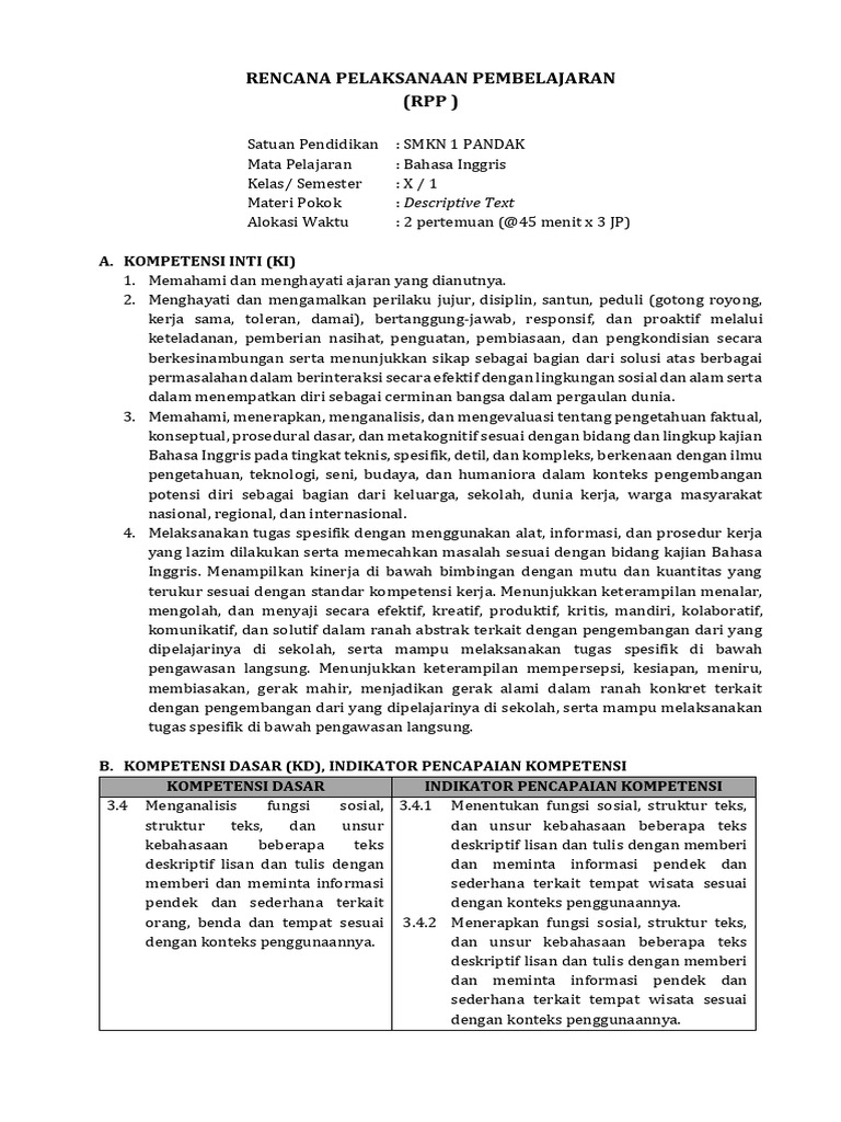 RPP 3.4 Descriptive Text - Shinta Sulastuti Putri - Pbi - 20 | PDF