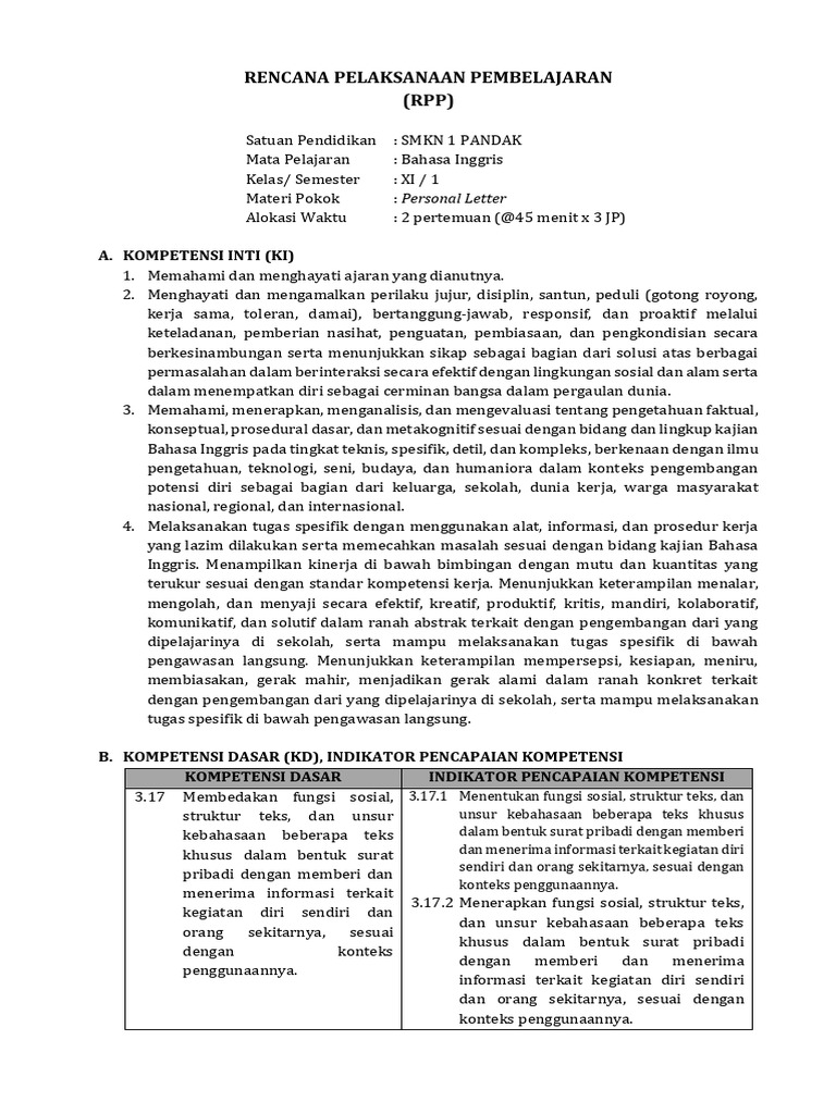 RPP 3.17 Personal Letter - Shinta Sulastuti Putri - Pbi - 20 | PDF