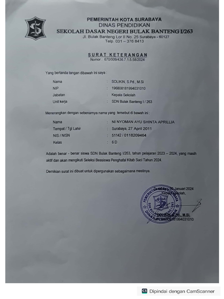 Surat Keterangan Sekolah SDN Bulak Banteng I | PDF