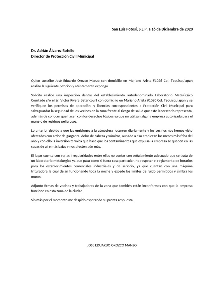 Carta Proteccion Civil | PDF