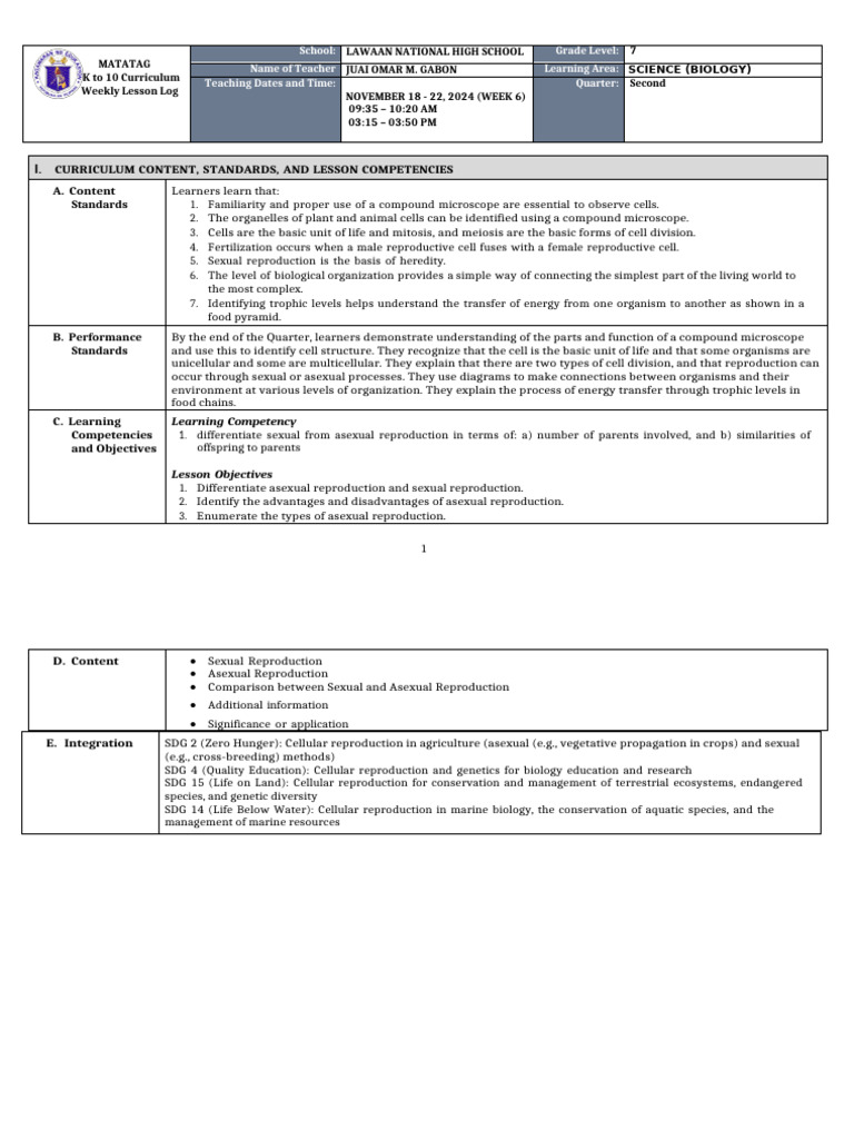 DLL Matatag - Science 7 Q2 W6 | PDF | Reproduction | Grafting
