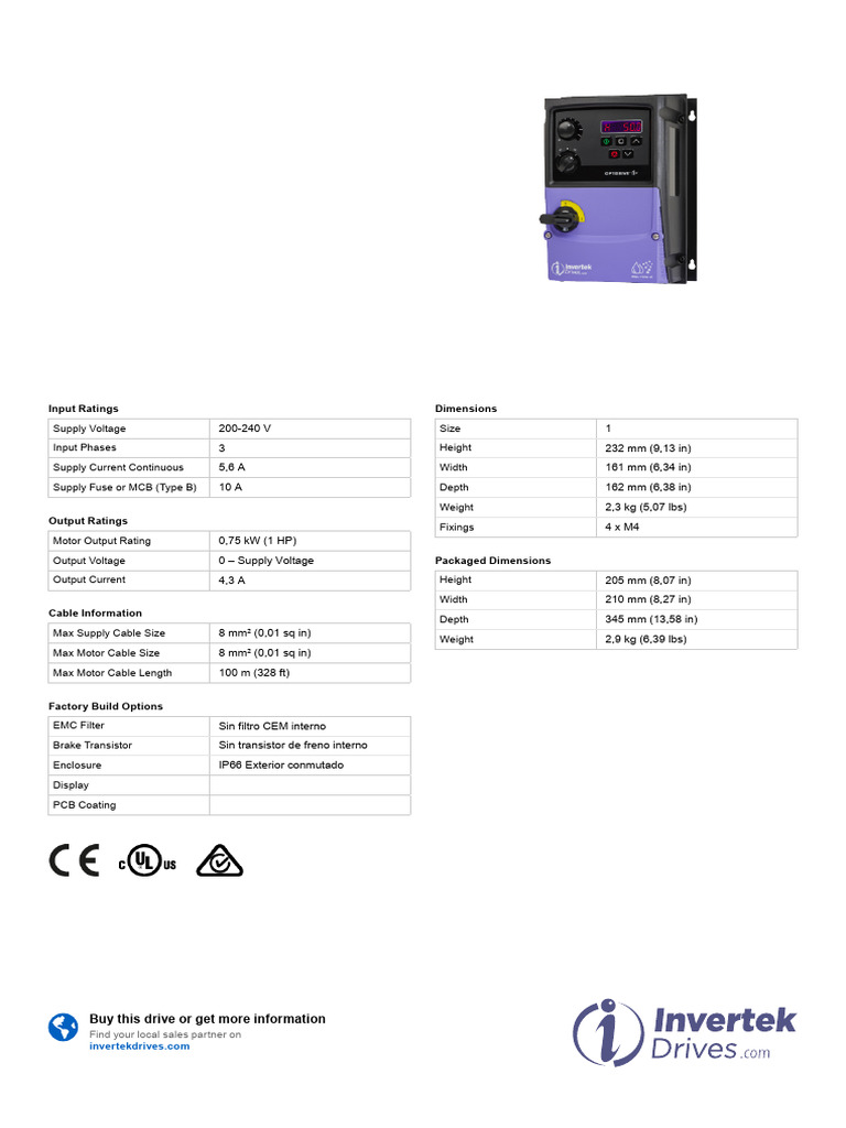 Invertek Drives ODE-3-120043-301B Datasheet | PDF