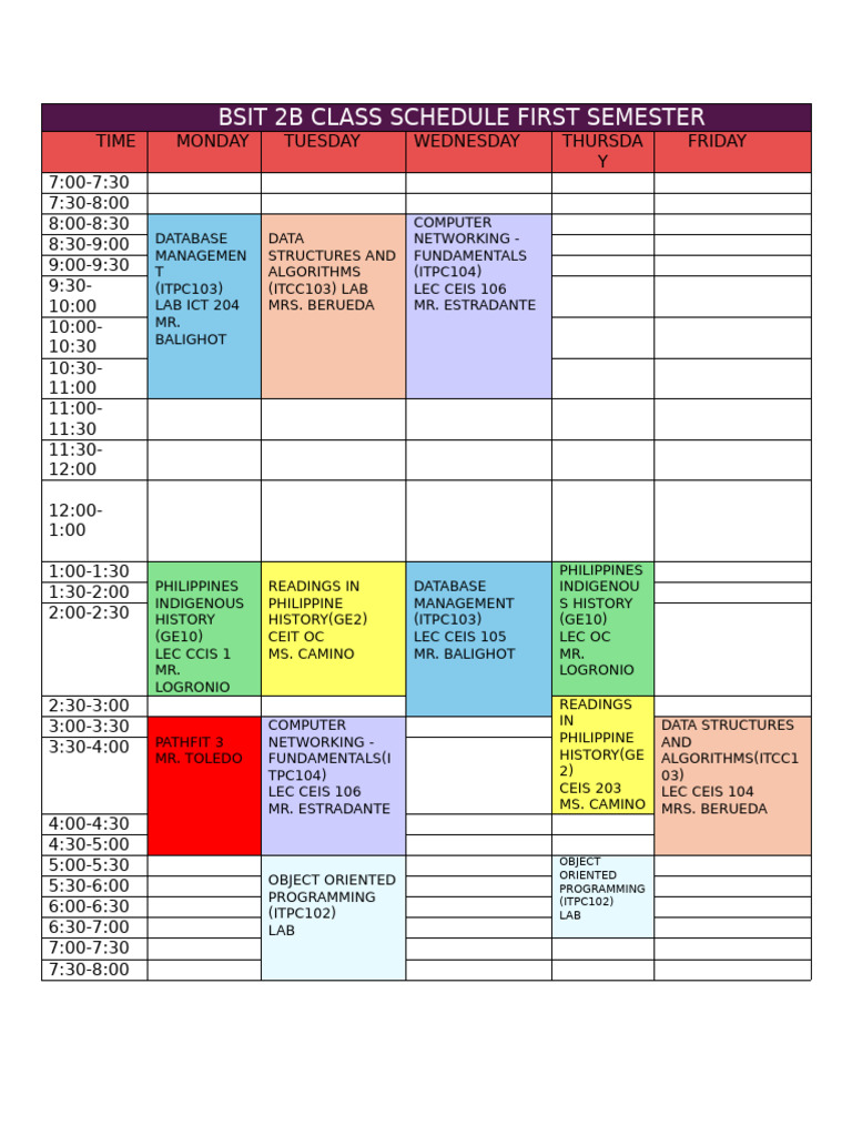 BSIT 2B First Semester Schedule | PDF