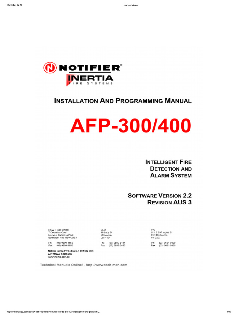 Installation and Programming Manual For... Ay Notifier Inertia AFP-400 ...