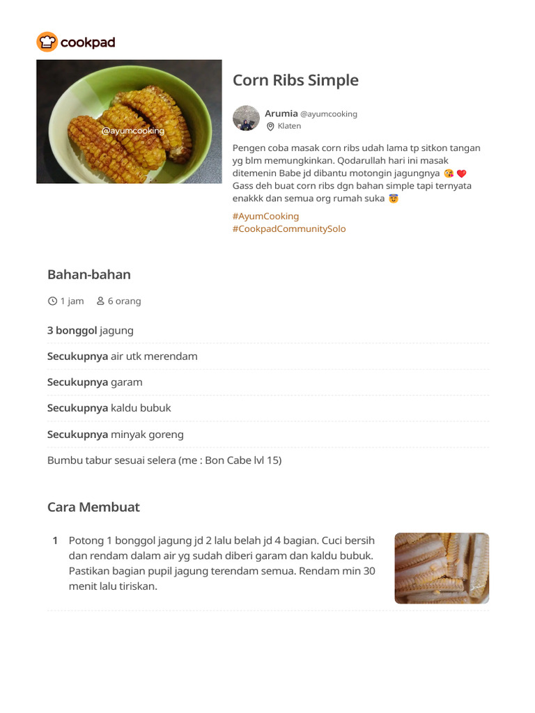 Resep Corn Ribs Simple Oleh Arumia - Cookpad | PDF
