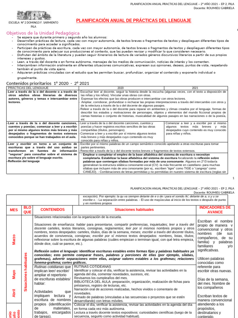 PLANIFICACION ANUAL Practicas Del Lenguaje DE 2° AÑO 2021 | PDF ...