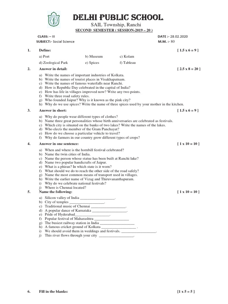 Class-III Annual Question Papers | PDF | Moon | Earth