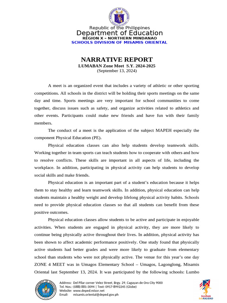 Lumaban Zone Meet 2024-2025 Report | PDF | Physical Education