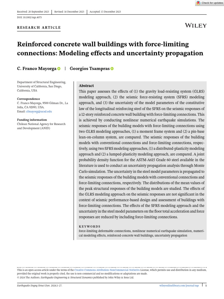 Earthq Engng Struct Dyn - 2024 - Mayorga - Reinforced Concrete Wall Buildings With Force Limitin ...