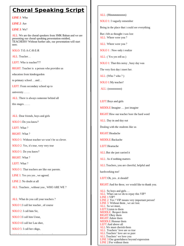 Choral Speaking Script: Tribute to Teachers | PDF