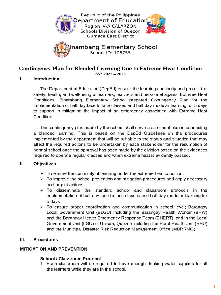 BES SDRRM Heat Wave Contingency Plan For Blended Learning | PDF