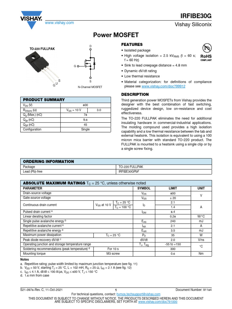 Irfibe30G: Vishay Siliconix | PDF | Diode | Mosfet