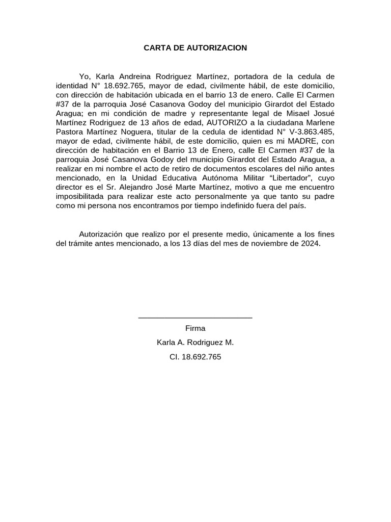Carta de Autorizacion Escolar | PDF | Derecho