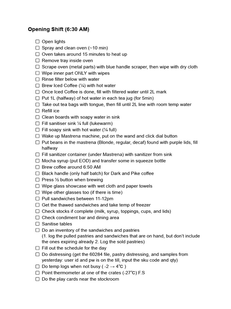 Opening Shift Checklist and Procedures | PDF