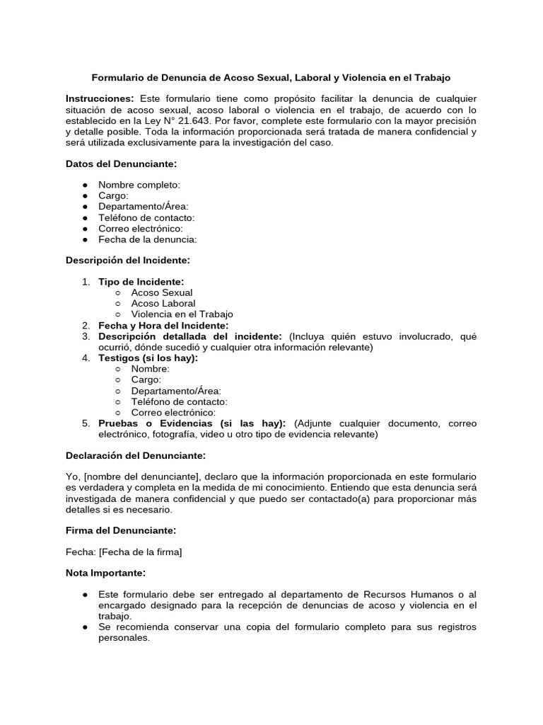 Formulario De Denuncia De Acoso Sexual Laboral Y Violencia En El 8333