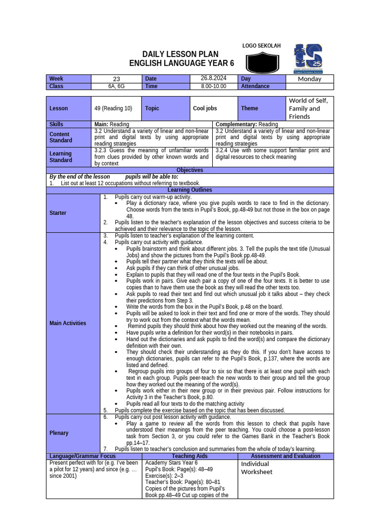 Year 6 English Lesson Plans: Cool Jobs | PDF | Lesson Plan | Teachers