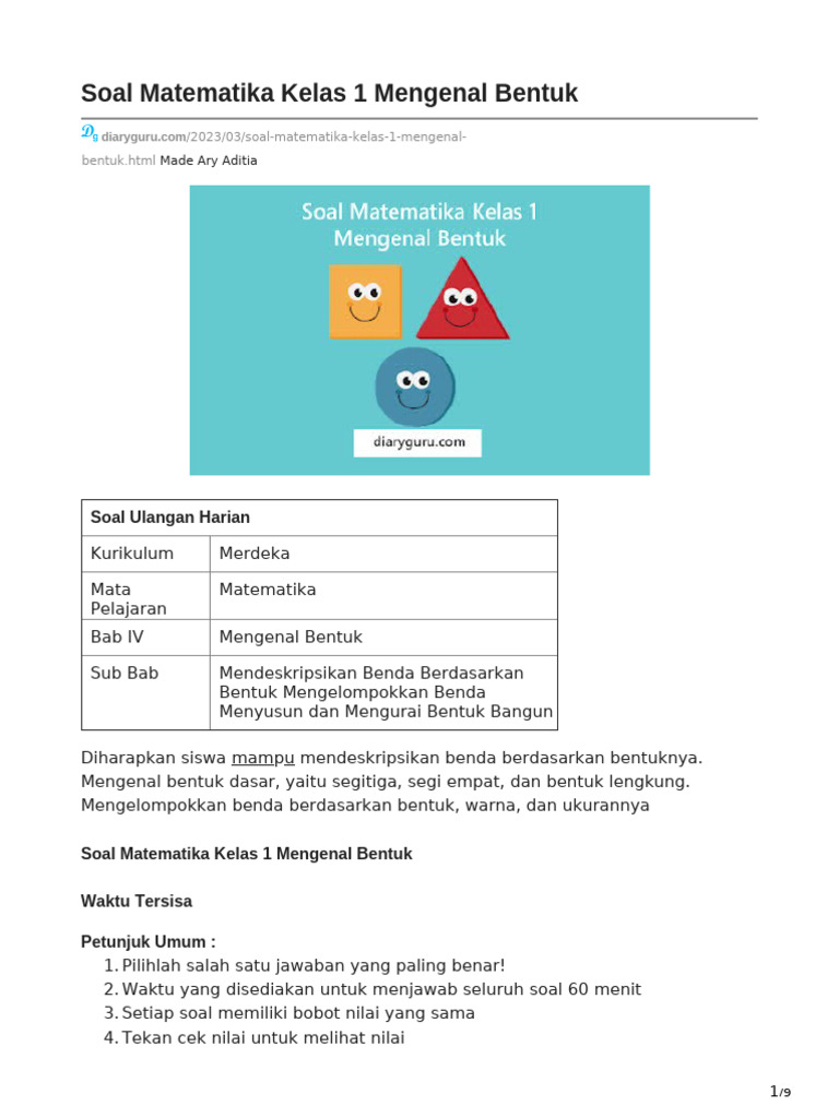 Soal Matematika Kelas 1 Mengenal Bentuk | PDF | Metode & Bahan Ajar | Griya & Taman