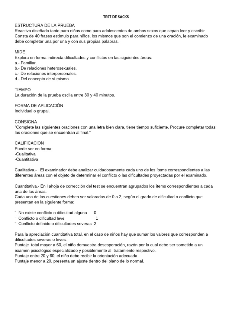 Test de Sacks: Evaluación Psicológica Infantil | PDF