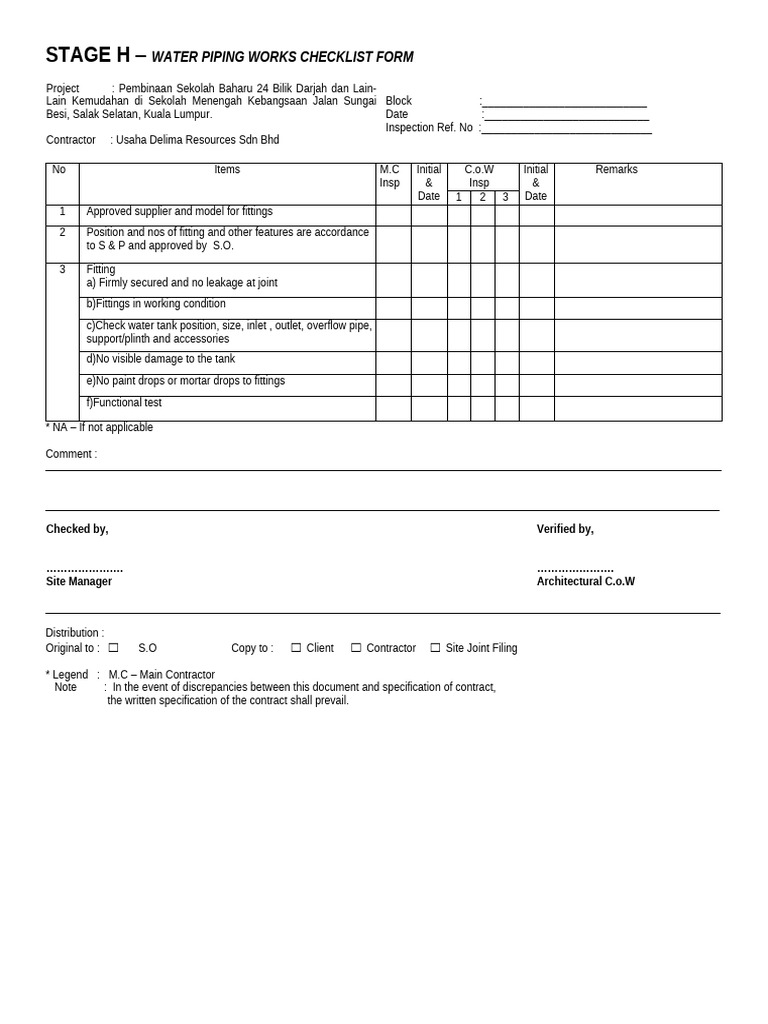 Water Piping Works Checklist Form | PDF
