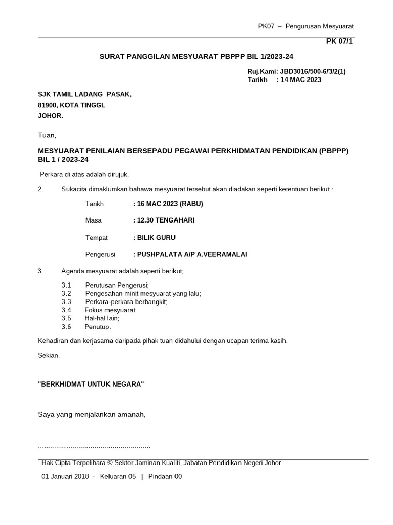 Surat Panggilan PBPPP 1 2023 | PDF