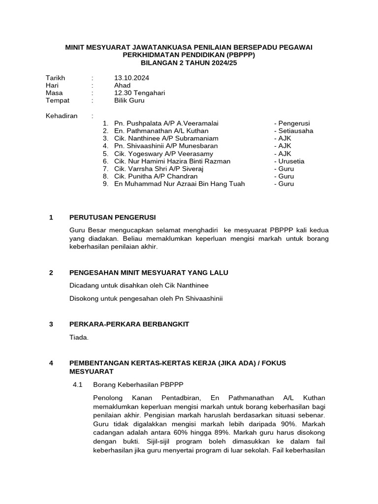 Minit Mesyuarat PBPPP Kali Kedua 2024 | PDF