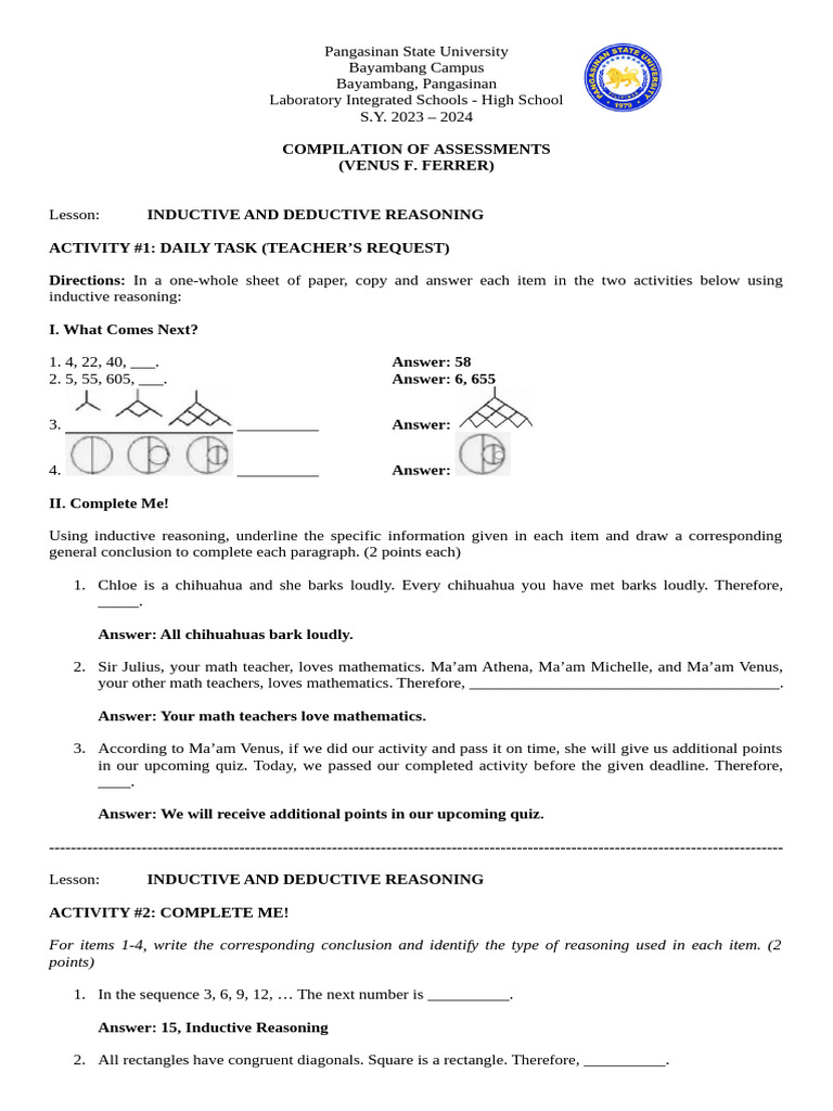 Compilation of Assessments | PDF | Mathematical Proof | Argument
