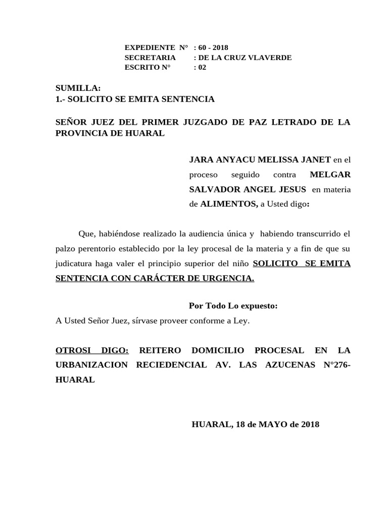 SOLICITO SE EMITA SENTENCIA ALIMENTOS V | PDF