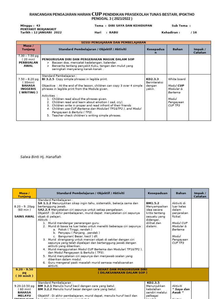RPH Cup Rabu Kak Wa Minggu 2 Penggal 3 2022 | PDF