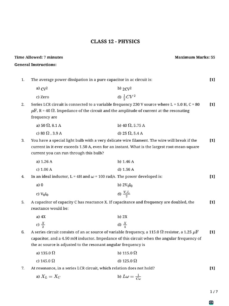 CLASS XII Physics MCQ Chapter 7 Alternating Current Question 249467 | PDF