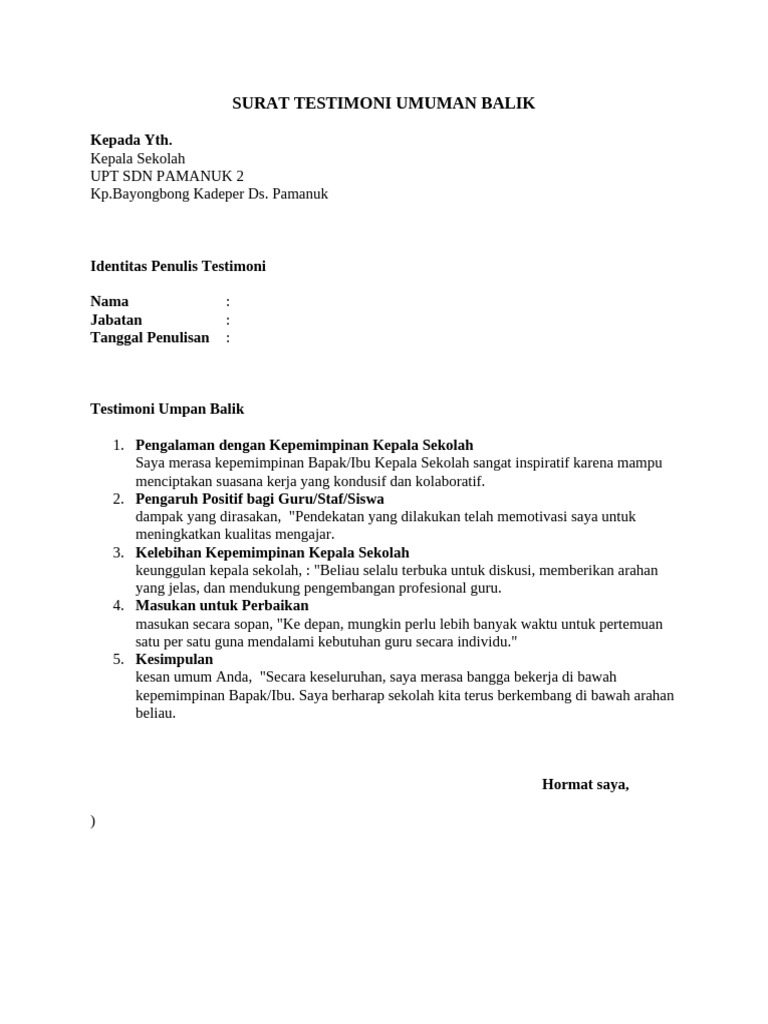 Surat Testimoni Umuman Balik | PDF