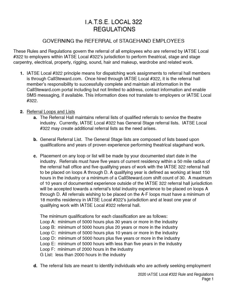 IATSE 322 Rules and Regs 2020-05-19-2 | PDF | Employment | Dispatcher