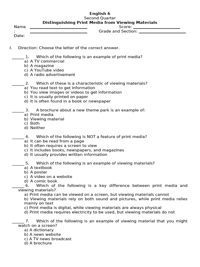 Distiguishing Viewing Materials From Printed Materials Activity Sheet ...