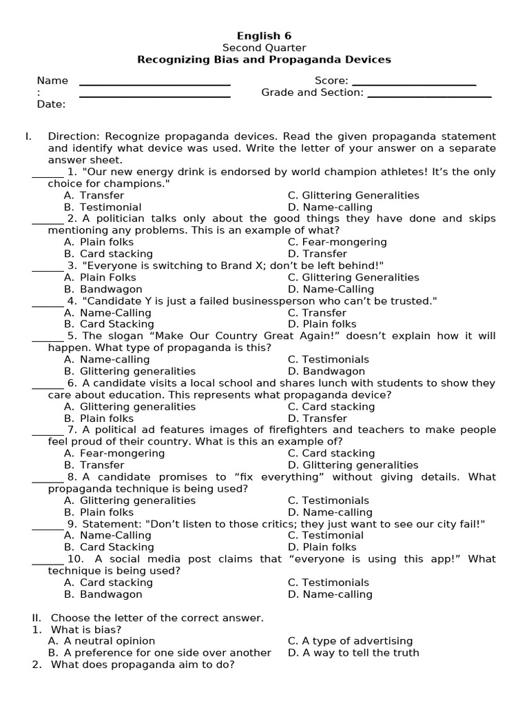 Recoogizing Bias and Propaganda Devices Final Quiz | PDF | Propaganda ...