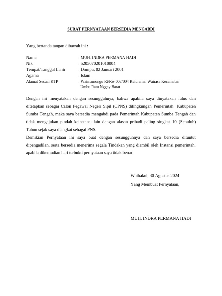Surat Pernyataan Bersedia Mengabdi Indra | PDF